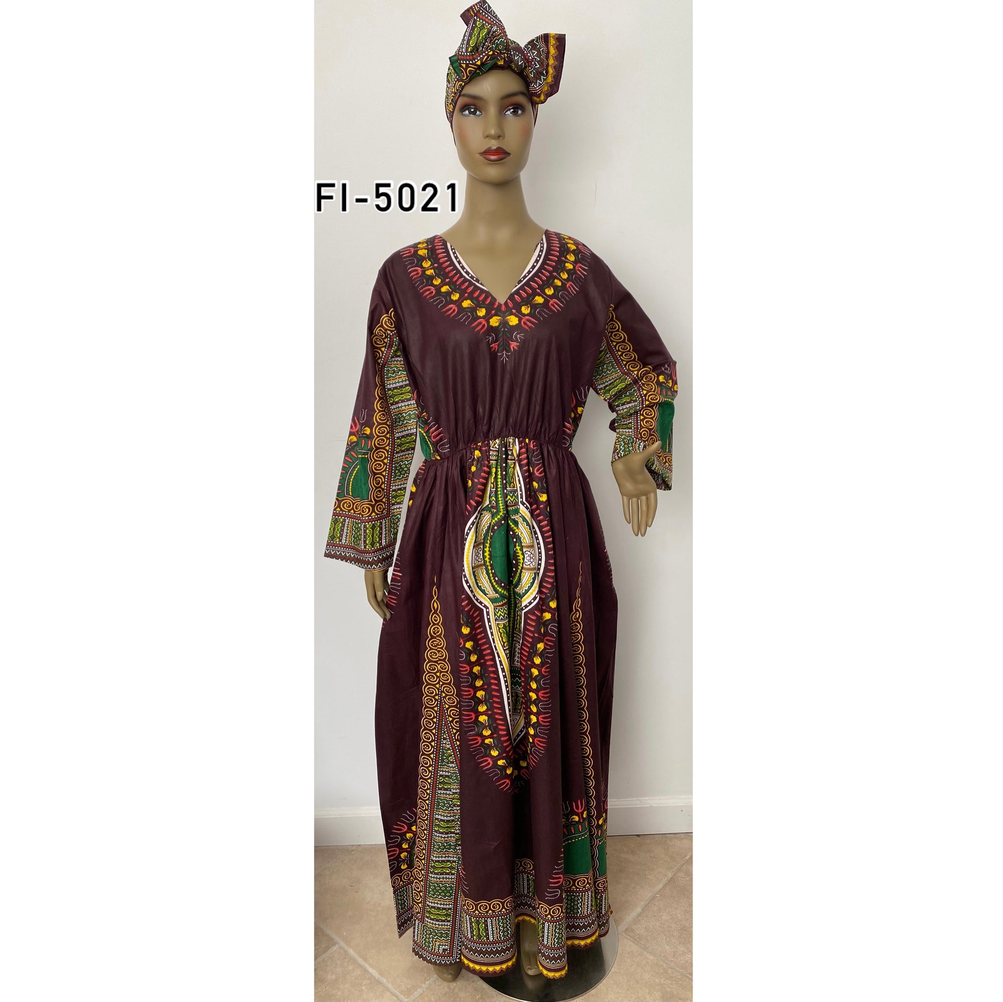 Women's African Dashiki V-Neck Long Sleeve Maxi Dress Set – African-Stars